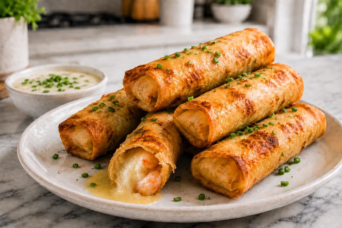 Crispy Cheesy Shrimp Egg Rolls with Garlic Dip